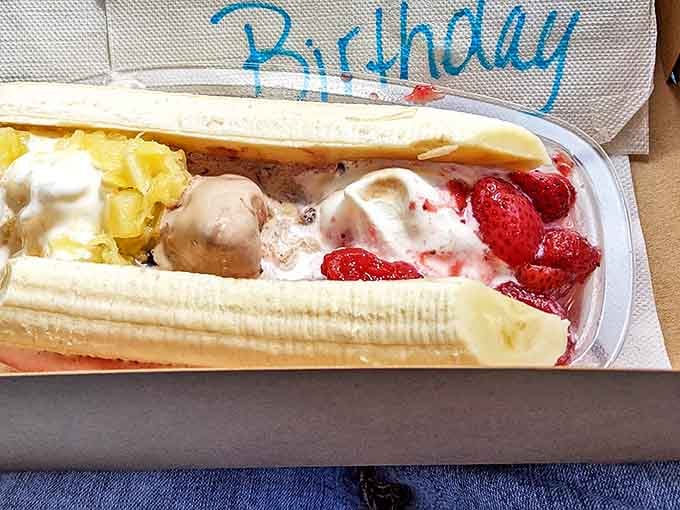 This banana split isn't just dessert&mdash;it's a sweet celebration with bananas standing guard over three scoops of creamy happiness. Birthday written all over it!