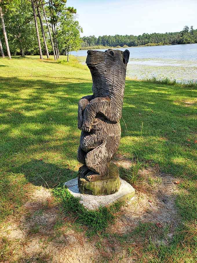 This wooden bear stands sentinel by the lake, carved with chainsaw precision. He's seen thousands of sunsets and kept every secret.