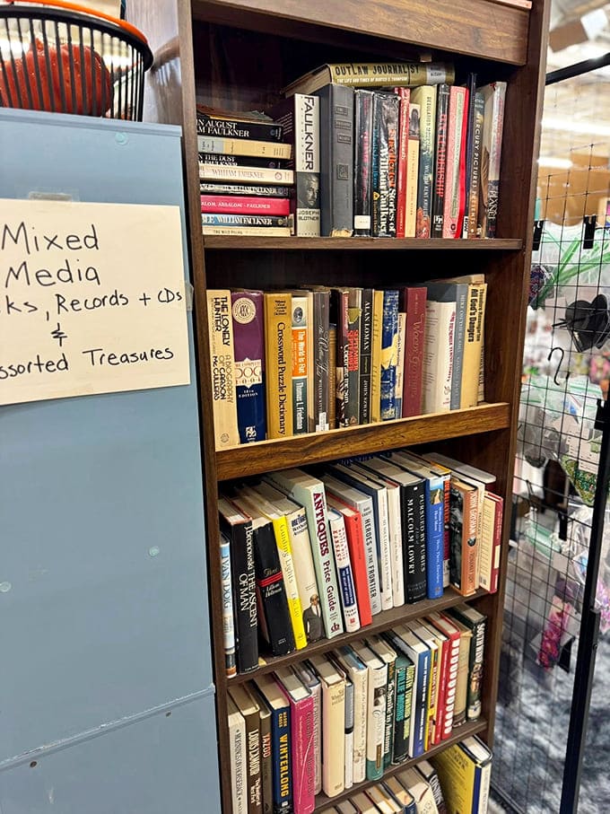 Books with well-loved spines stand at attention, each volume a time capsule waiting for someone new to crack open its world.