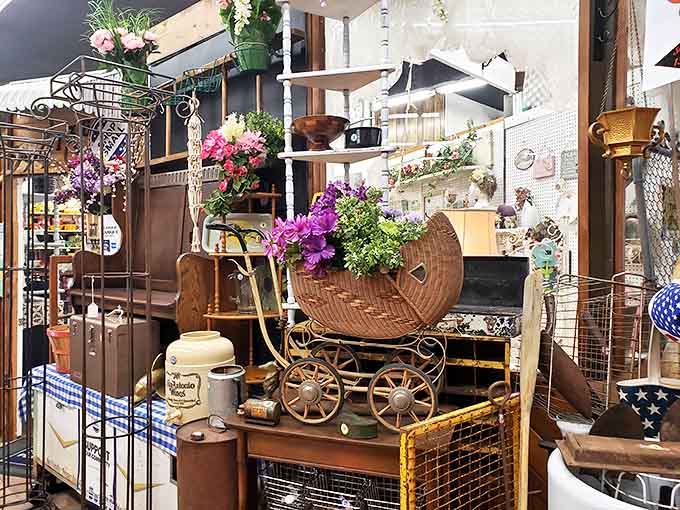 A Victorian baby carriage commands attention among the treasures. Just imagine the tiny passengers who once rode in wicker-woven style.