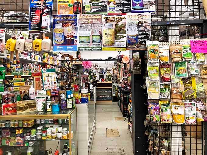 A pharmacy of possibilities where traditional remedies meet modern supplements, creating a United Nations of wellness options.