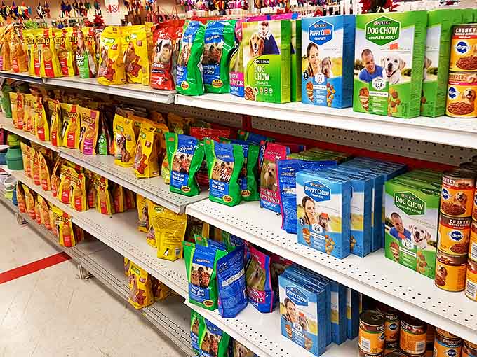 The pet aisle rivals specialty stores with name brands like Purina and Dog Chow&mdash;because Fido deserves quality treats even when the budget is tight.