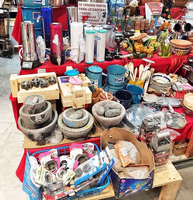 Kitchen treasures await new homes – those molcajetes have probably ground more authentic salsas than any food processor ever will.