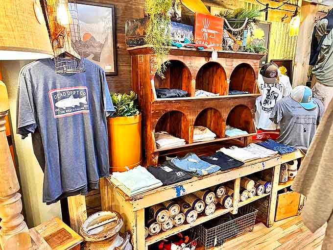 Local Wyoming merchandise sits alongside vintage treasures, proving you can support small businesses while treasure hunting simultaneously.