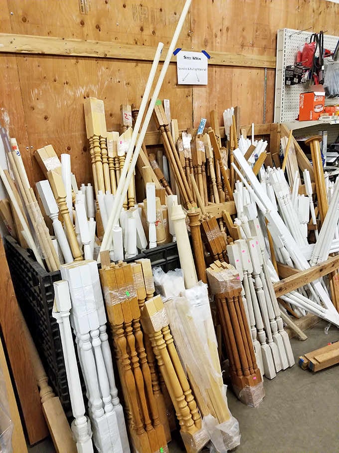 The spindle forest: Where staircase dreams are born. One person's renovation castoff becomes another's architectural statement piece.