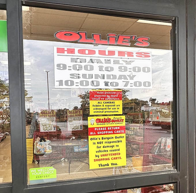 Store hours posted with the same no-nonsense approach that defines the Ollie's shopping experience&mdash;straightforward information without the retail fluff.