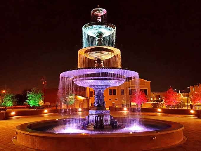 Baytown's colorful fountain lights up the night, transforming an ordinary plaza into something magical after the sun goes down.
