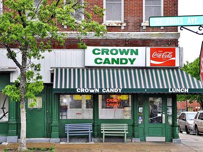 Crown Candy Kitchen's vintage green storefront is the architectural equivalent of finding a mint-condition classic car.