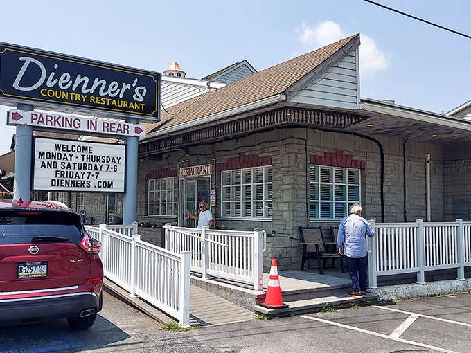 Dienner's charming country exterior looks like it was plucked straight from a Pennsylvania postcard. Amish cooking served with a side of nostalgia!