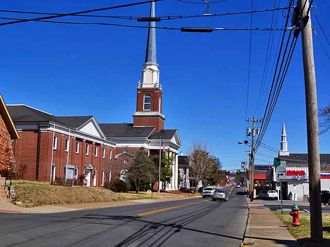 Glasgow's historic church with its towering steeple stands as a community landmark, where neighbors gather for worship and fellowship.