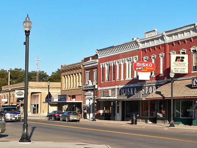 Ord's vibrant main street boasts colorful brick buildings, vintage lampposts, and the iconic Misko Sports store that locals have enjoyed for decades.