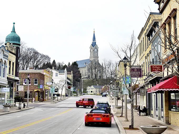 Port Washington's downtown rises from the harbor like a movie set, with that church spire playing the role of "most photogenic landmark."