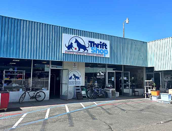 The Rancho Coastal Humane Society Thrift Shop's turquoise exterior is as refreshing as finding that perfect vintage piece inside.
