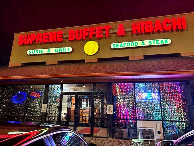 Lit up like Times Square, this nighttime food paradise promises sushi, seafood, and hibachi under one roof.