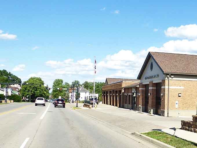 Tipp City's modern downtown area showcases clean streets and well-maintained buildings perfect for comfortable walking adventures.