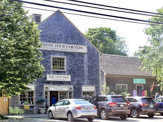 The historic Tiverton Four Corners district preserves its 18th-century charm with weathered shingle buildings housing art galleries and specialty shops.