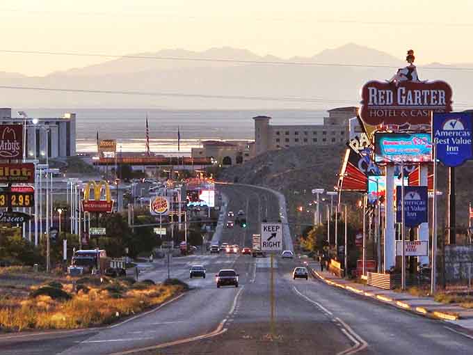 West Wendover's casino strip lights up the desert night, bringing a touch of Vegas excitement to this affordable border town.