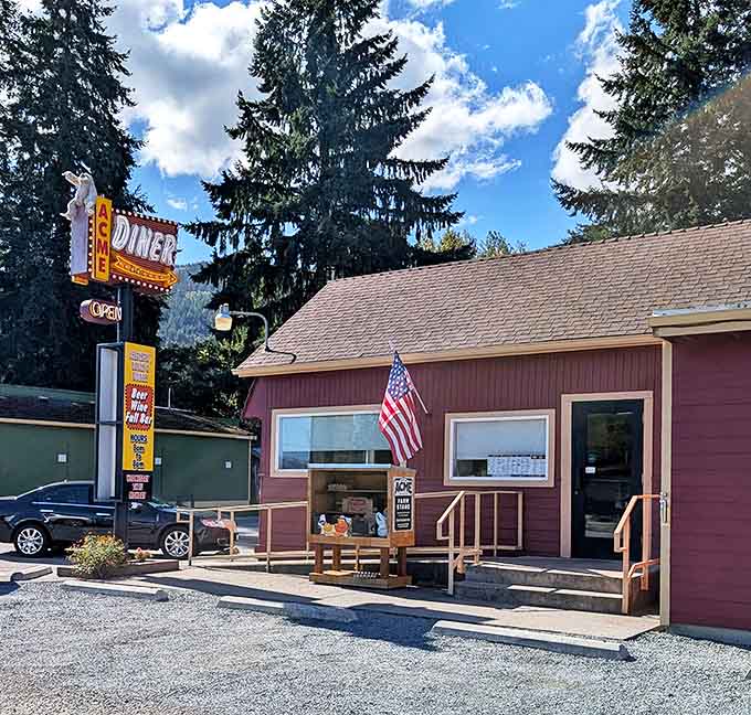 The classic red exterior of ACME Diner looks like it was plucked straight from a small-town Americana postcard.
