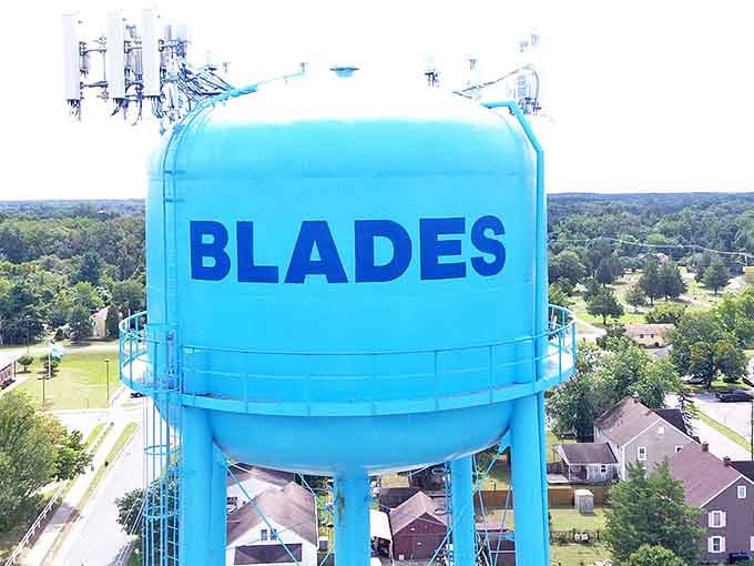 Blades' bright blue water tower watches over the town like a friendly sentinel, reminding residents they're never far from home.