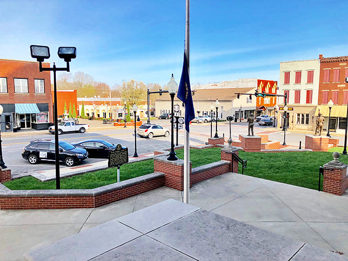 The view from Greenville's courthouse steps showcases a charming downtown where affordability meets small-town hospitality.
