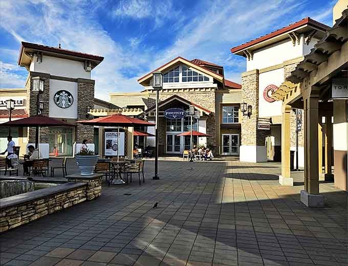 Starbucks plaza at San Francisco Premium Outlets. The perfect spot to rest weary feet and count your shopping victories.