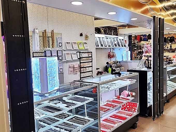 Glass display cases gleam with jewelry and collectibles, where one person's forgotten trinkets become another's prized possessions.