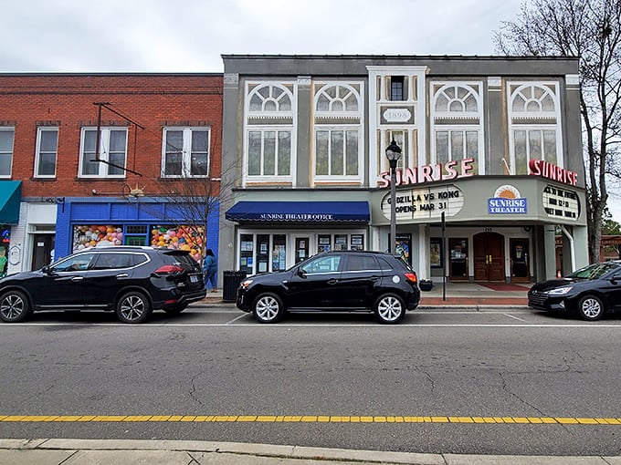 The Sunrise Theater stands as Southern Pines' cultural heart, its vintage marquee promising entertainment just like the good old days.