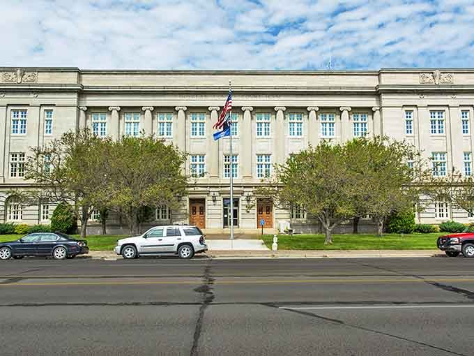 The stately government building in Superior stands proudly with its classic columns and American flag waving in the Wisconsin breeze.