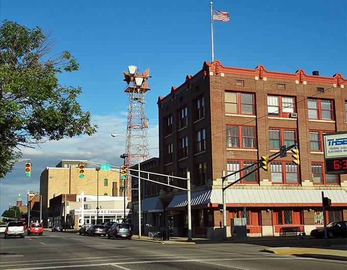 Classic brick buildings and a proud American flag define Terre Haute's downtown district, where community spirit thrives year-round.