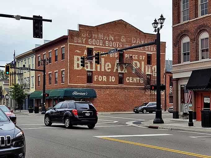 Historic brick buildings with vintage advertising murals tell the story of Tipp City's charming past and present.