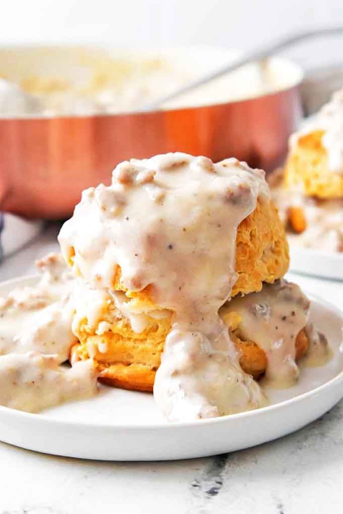Biscuits and gravy that would make your grandmother both proud and jealous&mdash;pillowy clouds of dough baptized in peppery sausage gravy.