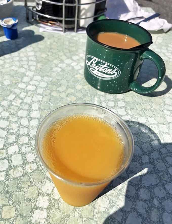 Morning essentials: Fresh-squeezed sunshine in a glass and coffee in Layton's signature mug &ndash; the proper fuel for boardwalk adventures.