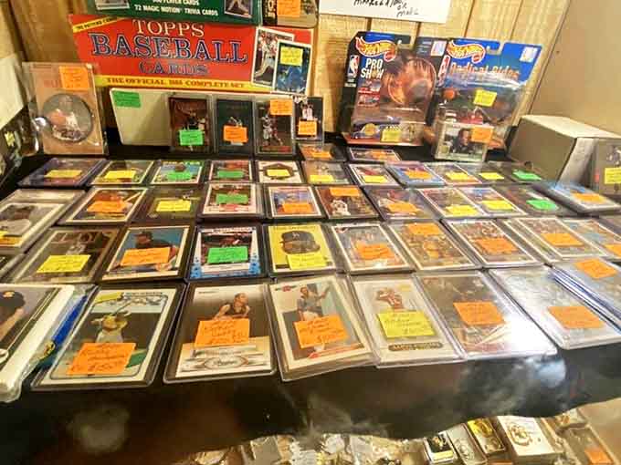 Baseball cards where legends live forever, their statistics and fresh-faced optimism preserved behind protective plastic like time-traveling athletes.