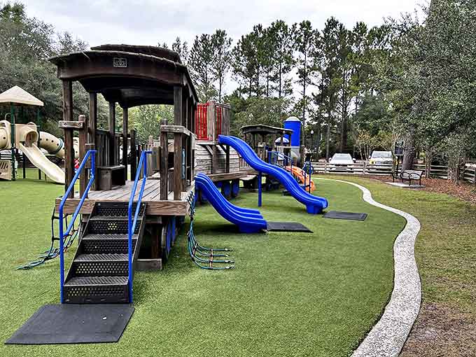 Frazier Park proves that childhood joy knows no age limit, with blue slides and wooden towers standing ready for the next generation of Bluffton adventurers.