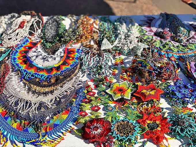 Beadwork so intricate it makes you wonder how human hands created such tiny masterpieces. Wearable art that captures light and attention equally.