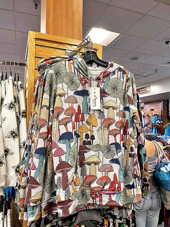 This isn't just a mushroom-patterned shirt; it's a conversation starter that says "I'm fun, slightly eccentric, and know where to find a deal."