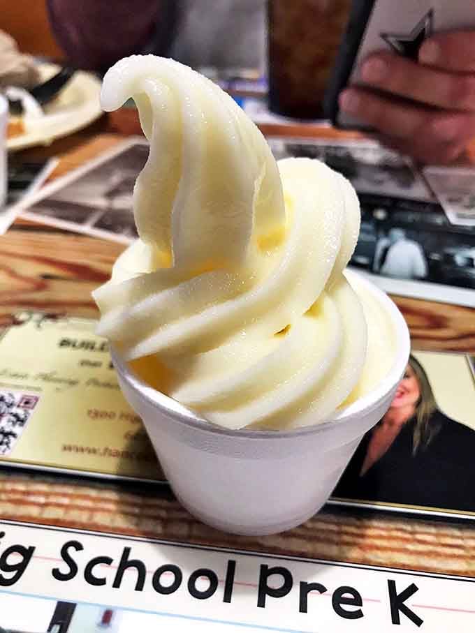 A swirl of vanilla soft serve – the perfect cool, creamy finale to a meal that might otherwise require a post-lunch nap of epic proportions.