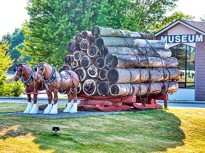 The logging museum's horse-drawn load display reminds us when lumber was king in Wisconsin—before chainsaws and before HGTV made reclaimed wood trendy.