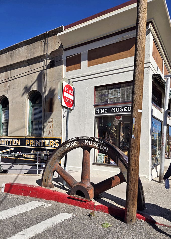 Outside the Mine Museum, this massive iron wheel speaks volumes about the industrial muscle that once powered Jerome's copper boom.