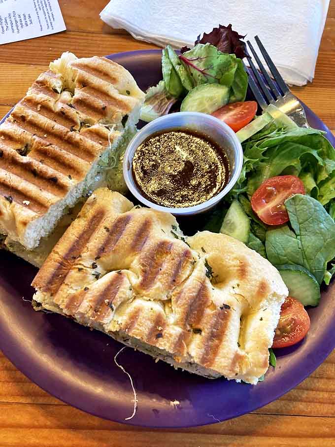 A panini pressed to perfection, with grill marks that deserve their own Instagram account. Served with a side salad because balance is important, even in moments of indulgence.