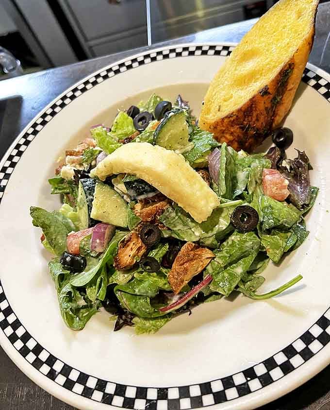 Even the salads at Vickery Cafe refuse to be boring—this one's dressed better than most people at the mall.