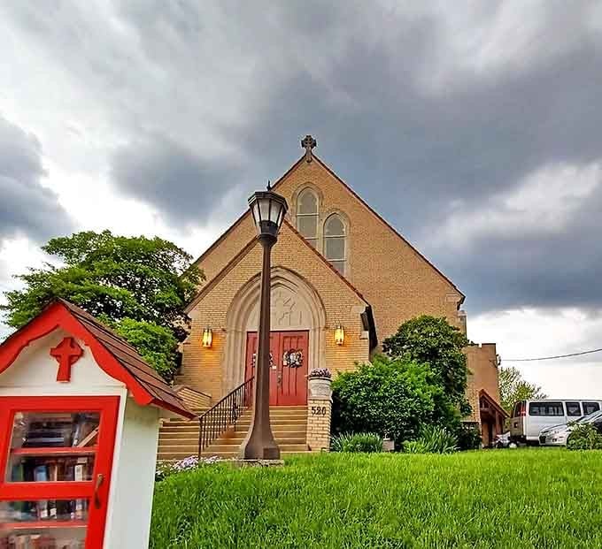 Faith meets architectural beauty at St. John United Church of Christ. The little free library out front speaks volumes about this community's values.