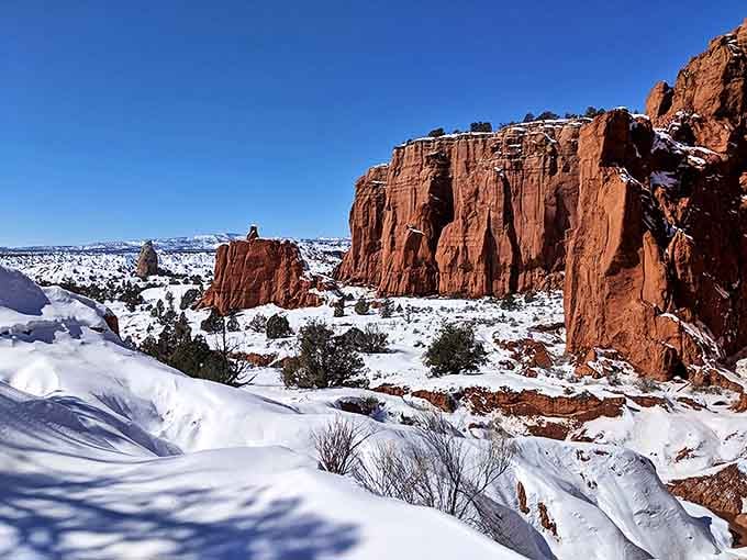 Winter transforms the park into a striking contrast of snow and stone &ndash; Mother Nature's version of a black-and-white photo with a splash of color.