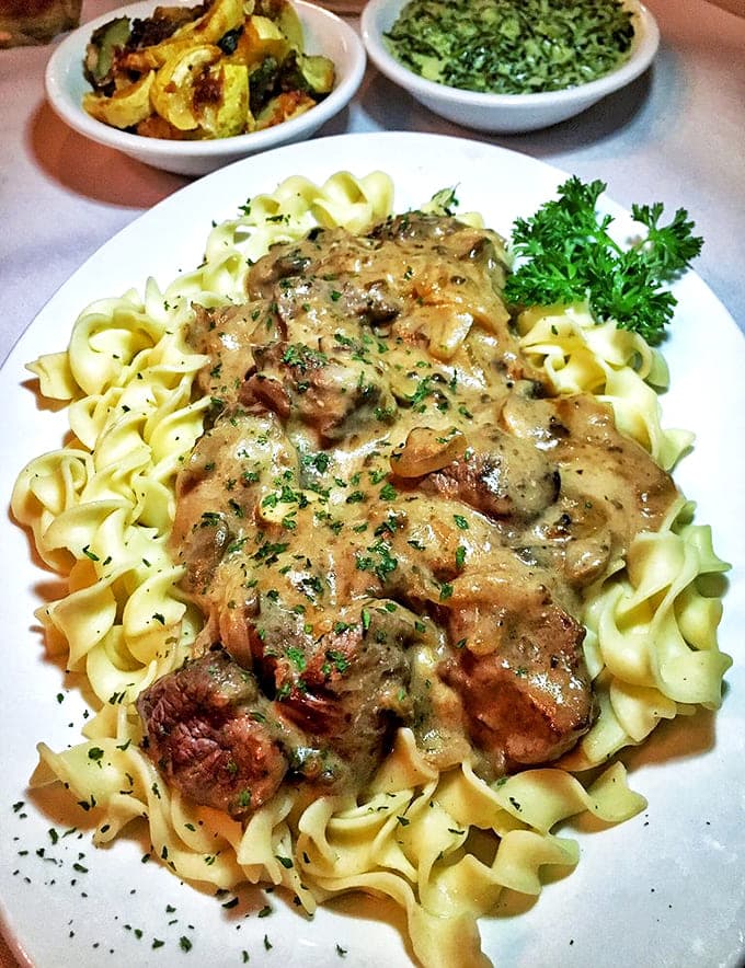Classic stroganoff over egg noodles&mdash;comfort food that whispers, "Cancel your plans, we're having a moment here."