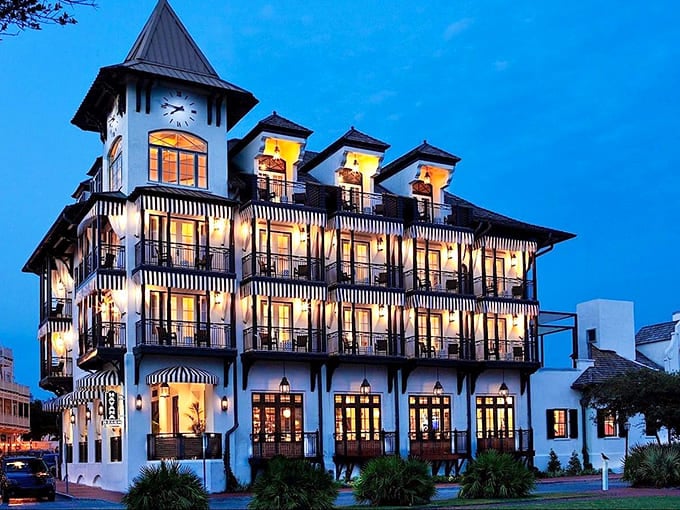 The Pearl Hotel glows at twilight like a grand dame dressed for dinner, its balconies offering front-row seats to Rosemary Beach's evening parade.