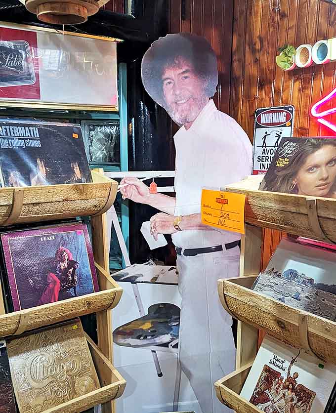 Bob Ross watches over vinyl treasures like a benevolent painting deity. These albums aren't just music; they're time machines with grooves and gorgeous cover art.