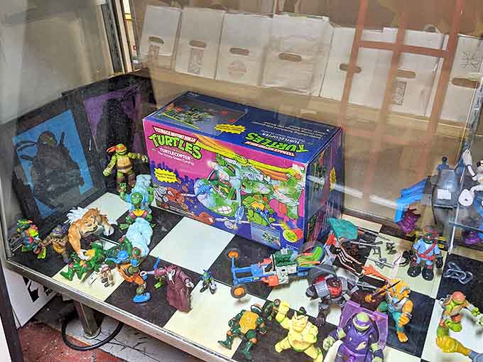 Teenage Mutant Ninja Turtles and friends behind glass&mdash;like a miniature action figure museum where childhood heroes never age.