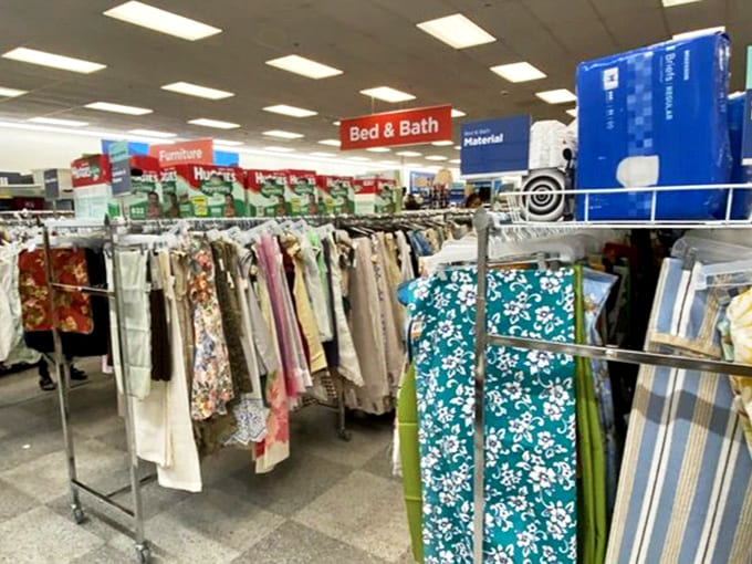 The bed and bath section&mdash;where Hawaiian floral prints meet mainland castoffs in a textile United Nations of comfort.