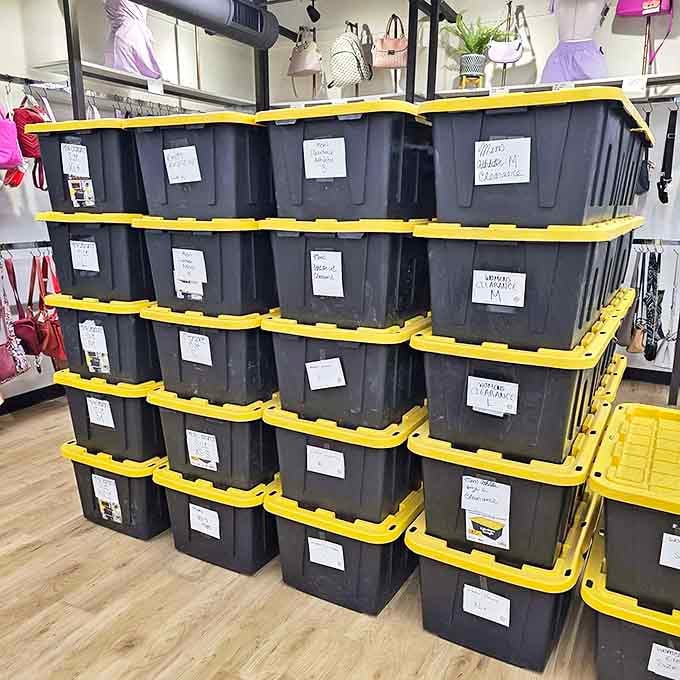 Organization enthusiasts rejoice! These labeled bins represent the behind-the-scenes magic that keeps this thrift paradise running smoothly.