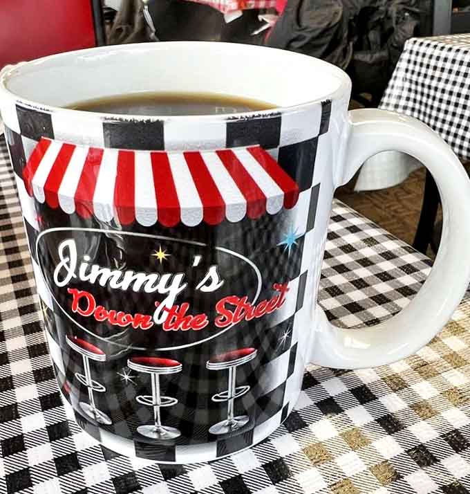 Even the coffee mugs tell stories here, with the classic checkered pattern that says, "You're not just a customer, you're family."